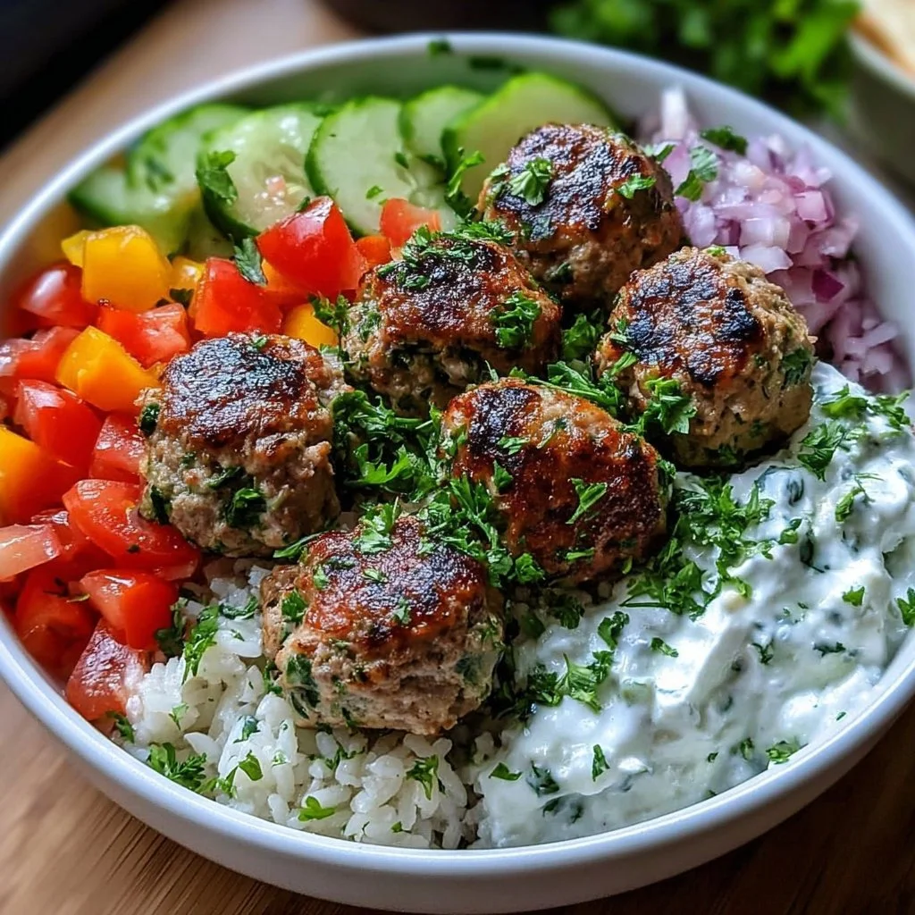 Greek Meatball Bowl with Tzatziki, Rice & Fresh Veggies